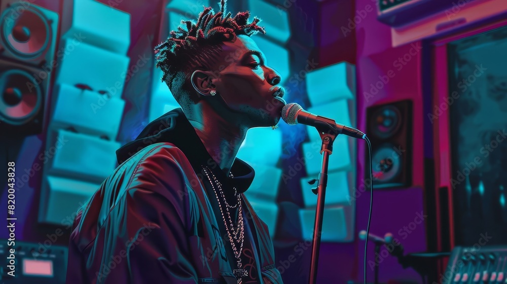 confident african american rapper performing at professional recording ...