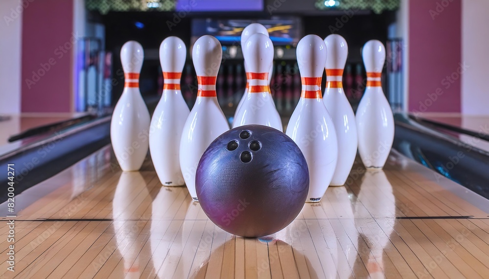 bowling ball hitting pins scoring a strike, bottom view and action shot ...