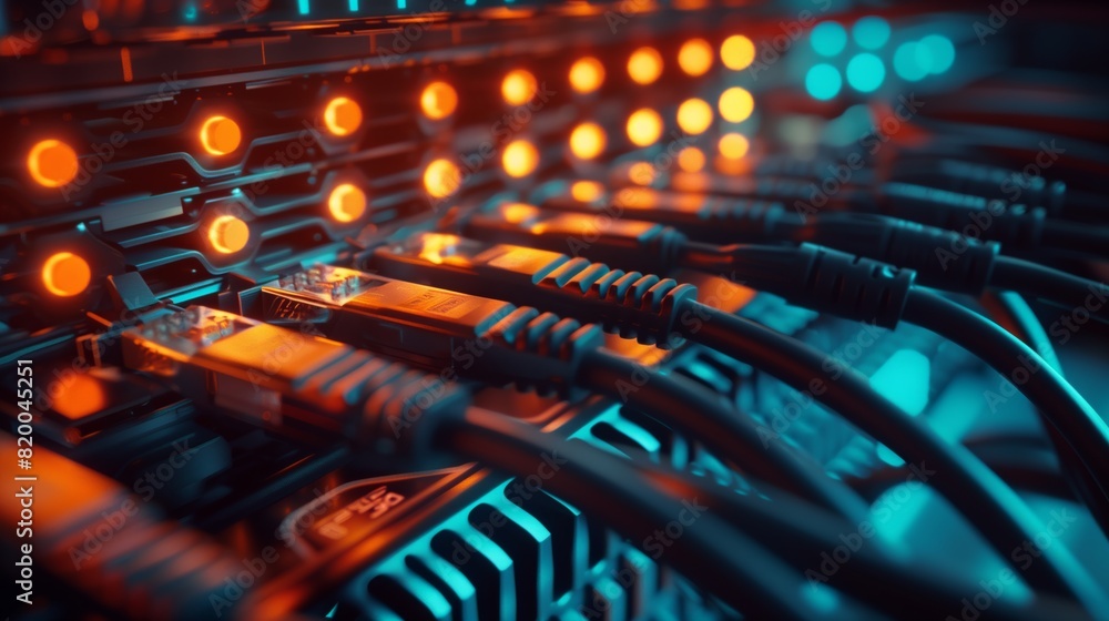 Ethernet cables are plugged into a network switch in a data center, with LEDs providing light ...