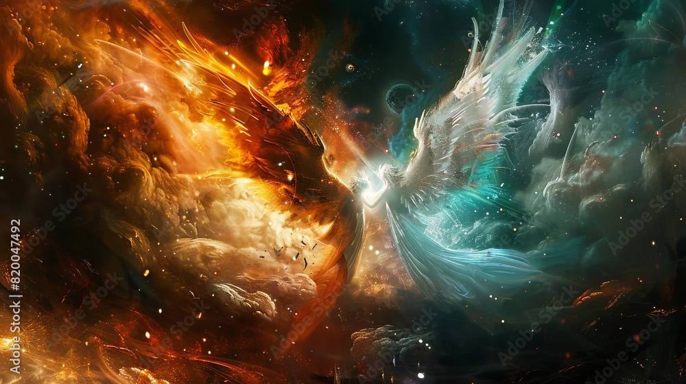 divine creation angel of light and demon battling glowing wings ...