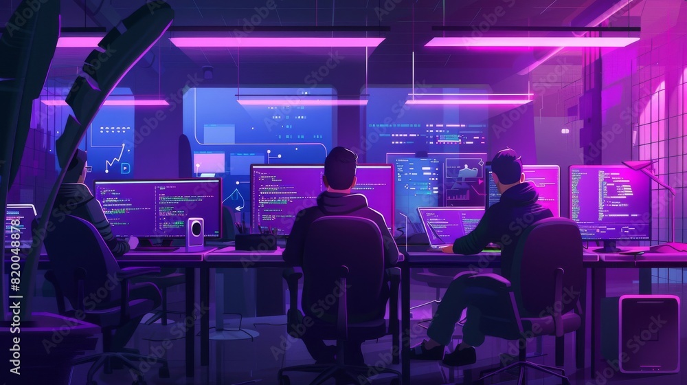 Illustration, employees coding and developing software at their ...