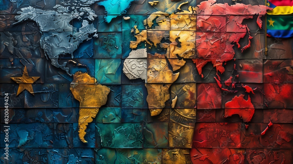 The flags of various countries create a vibrant world map on a wall ...