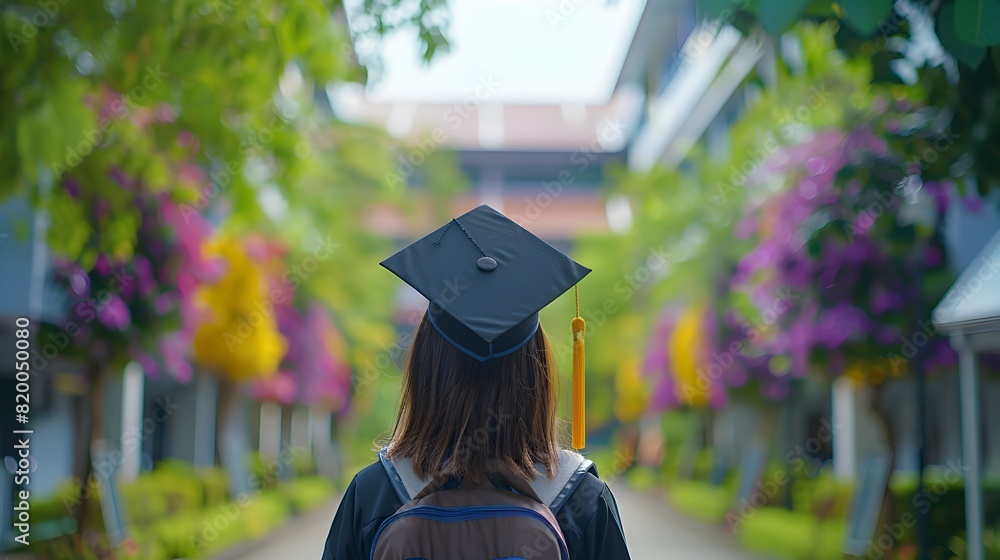 Young Thai college student in graduation cap and gown walking through ...