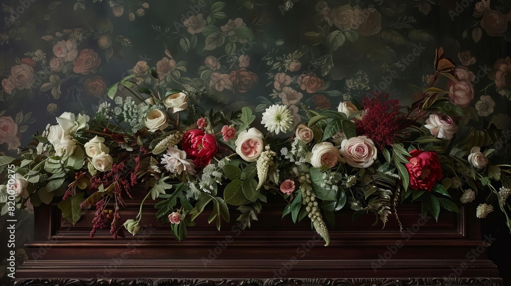 elegant dark wood coffin with lush floral display funeral scene fine ...