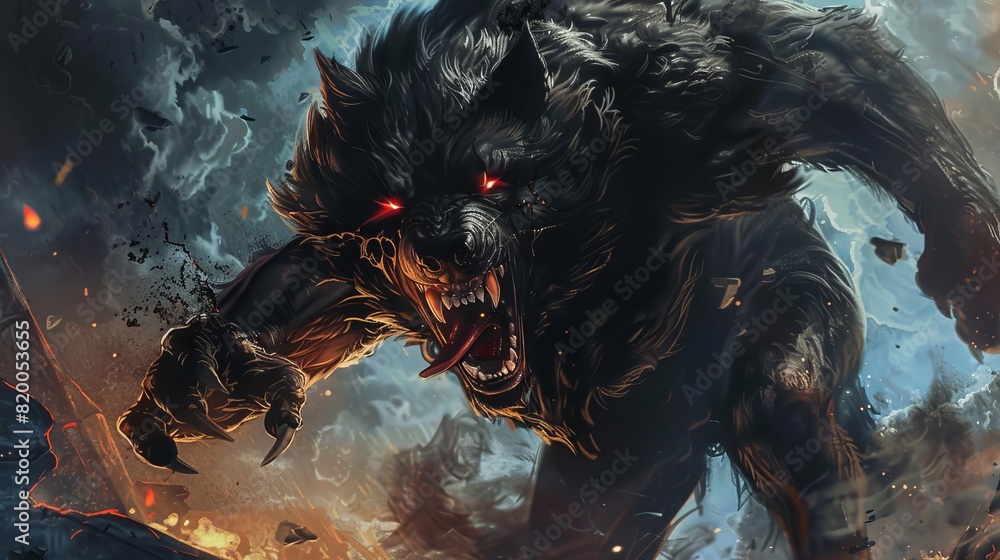 fierce black werewolf with glowing red eyes and sharp fangs folkloric fantasy creature ...