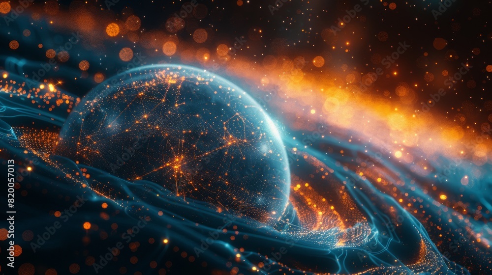 Chrome-like globe texture, Wavy digital lines, Sparkling particle effects, Deep-space themed ...