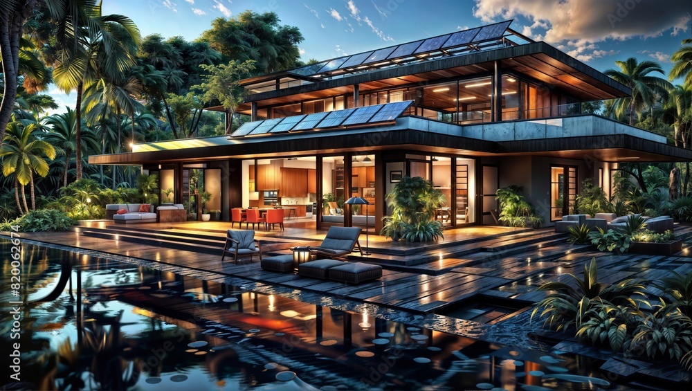 Luxurious tropical villa with solar panels, featuring an open-concept ...