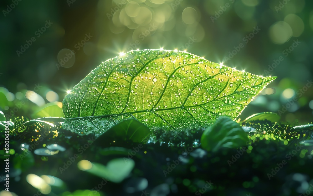 Sunlight beaming down on a 3D model of a leaf showing the ...