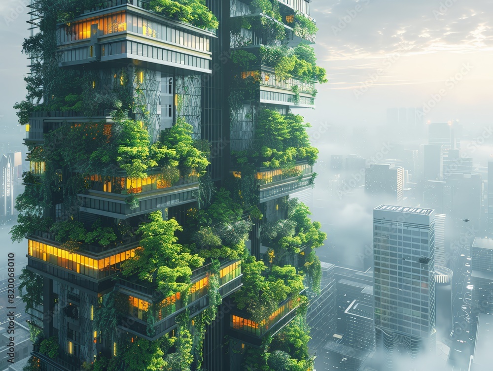 Compact, modern cityscape showing green roofs, High-rise building with ...