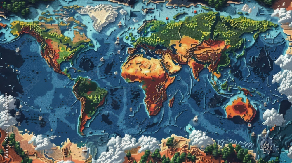 A pixel art-inspired digital world map wallpaper with pixelated ...