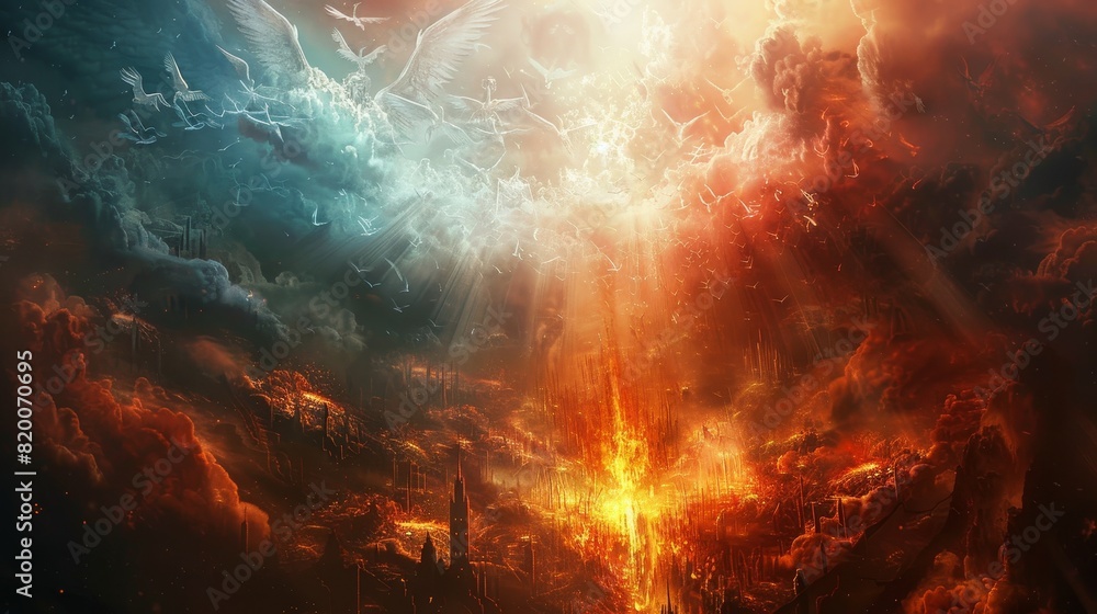 Celestial heaven on top, ethereal beauty with angels, underworld hell below with dark flames and ...