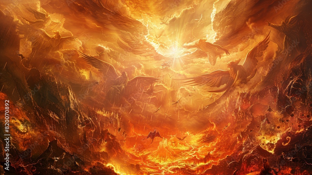 Blissful heaven with radiant light and serene angels above, fiery ...
