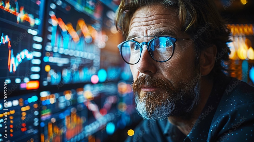 A detailed, hyper realistic photograph of a data analyst deeply ...