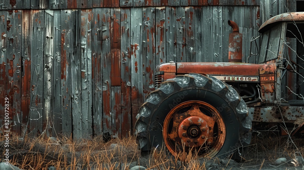 Ancient tractor with faded colors and rust, captured close-up, resting ...