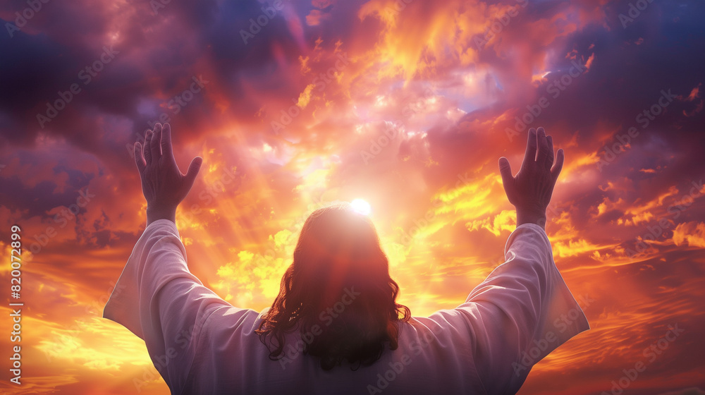Rear back view of Jesus Christ raised hands and praying to god with a ...