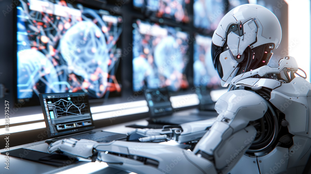 Futuristic Robot Analyzing Data On A Laptop In A High Tech Control Room