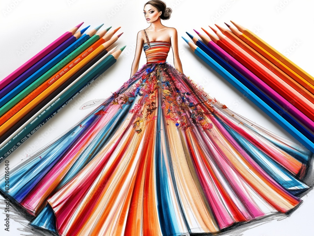 A woman is drawn in a dress with many colors. The dress is very long ...