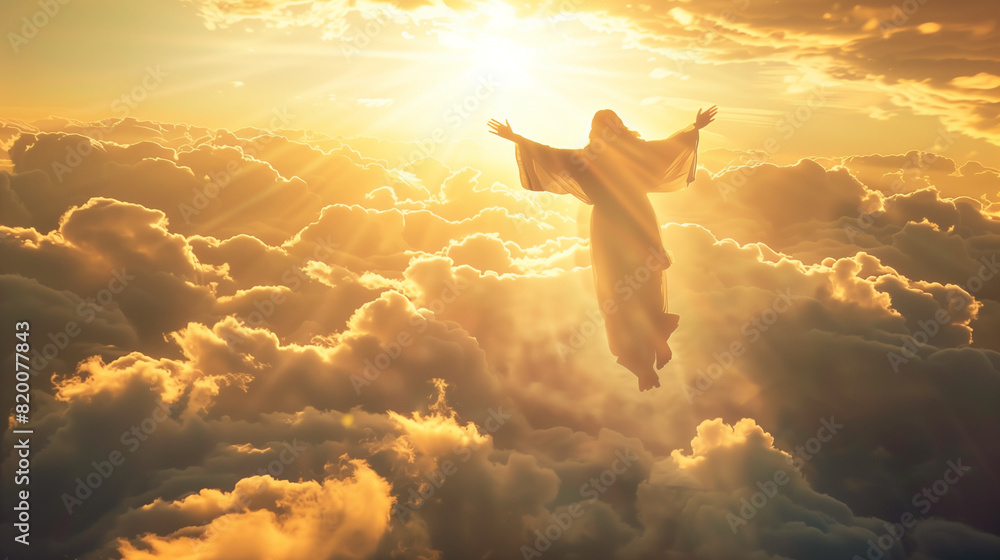 The resurrected Jesus Christ ascending to heaven above the bright light ...