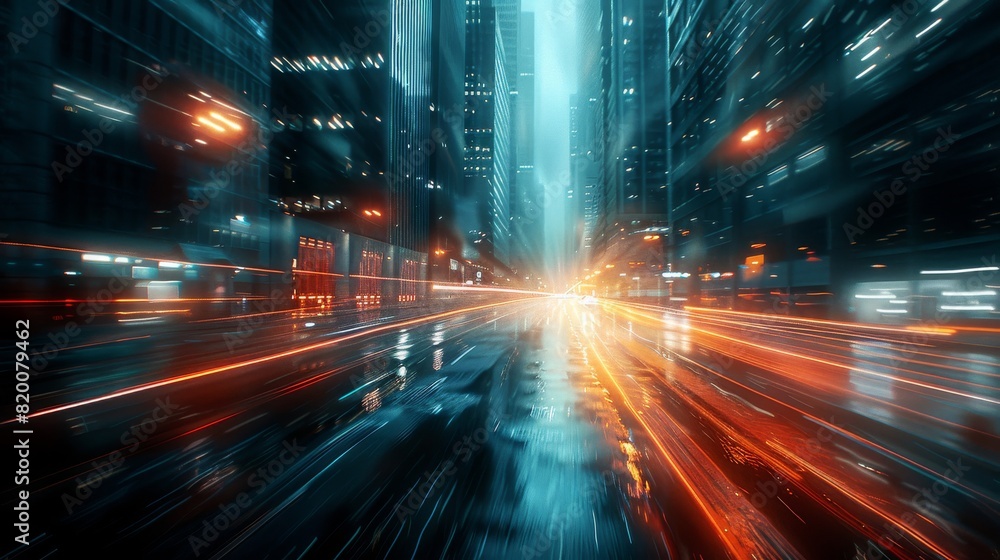 City street light trails at high speed in a modern urban cityscape with ...