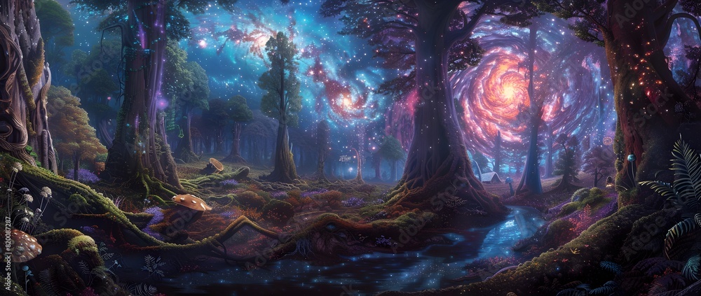 Enchanting Cosmic Forest Landscape with Glowing Pond and Starry Night ...