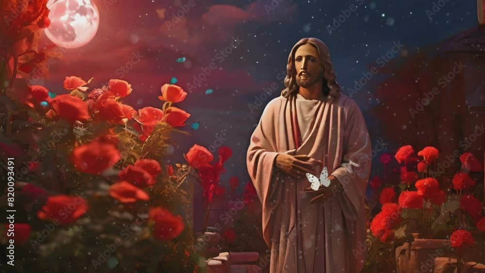 Vidéo Stock Jesus in the middle of a garden of red roses with a ...