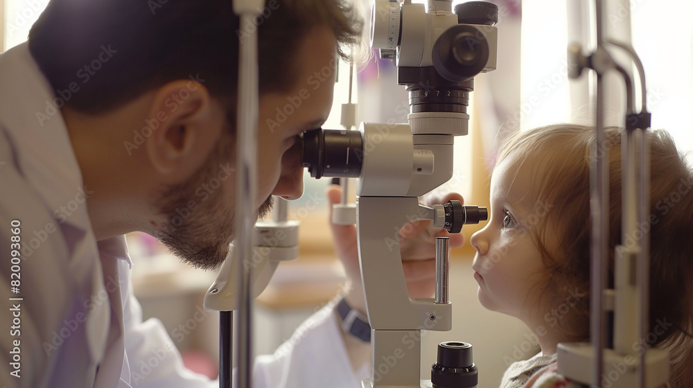 An optometrist conducting an eye exam on a young child, emphasizing ...
