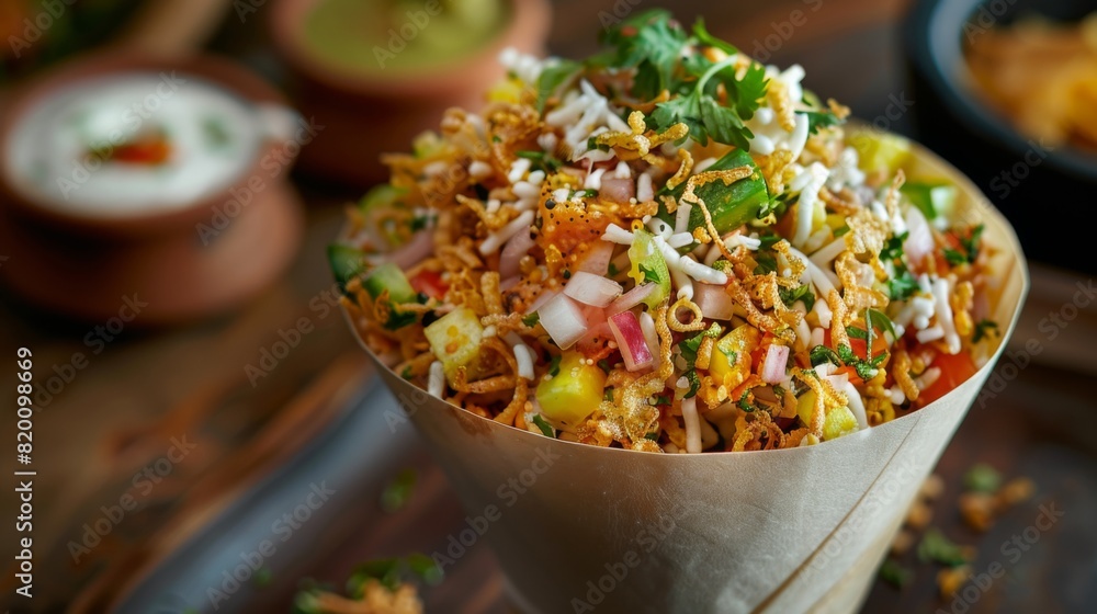 Exotic Indian street food dish, bhel puri, served in a paper cone with ...