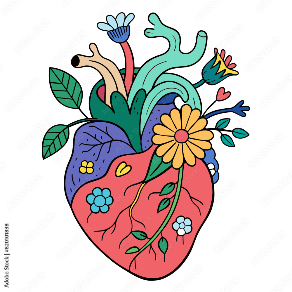 illustration of a human heart intertwined with blooming flowers ...