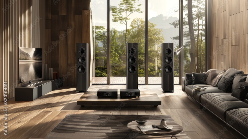 High-end floor-standing speakers in a minimalist living room, focusing ...