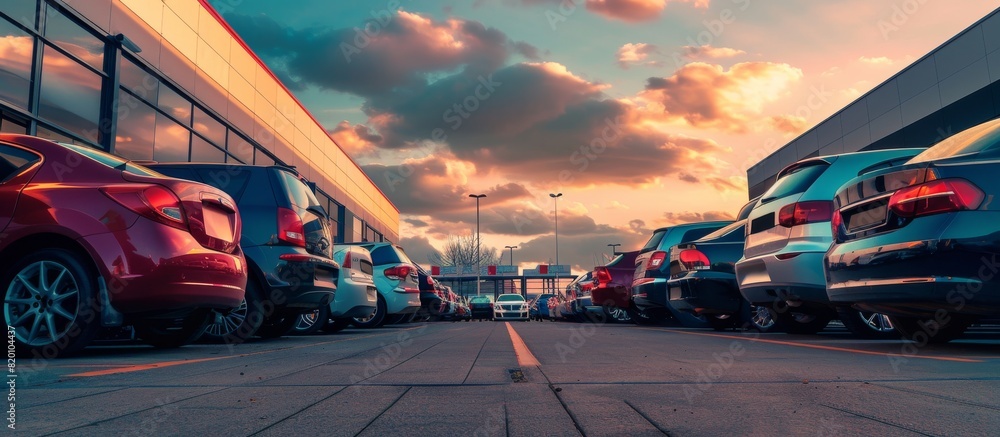 Cars parked in a modern parking lot during a beautiful sunset with ...