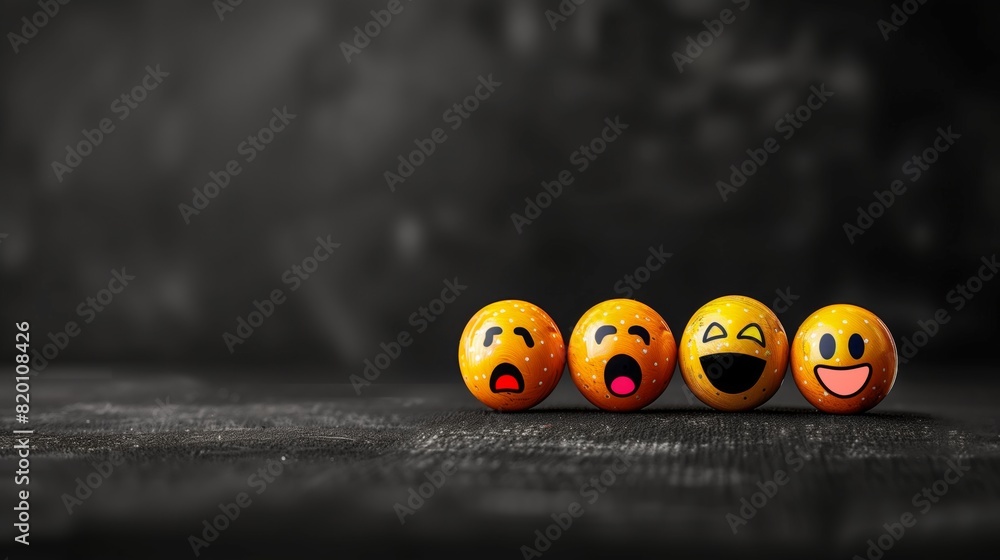Four smiley faces sitting next to each other on a black background ...