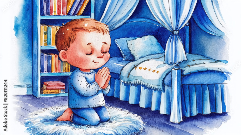 watercolor cartoon illustration of toddler little boy praying before ...