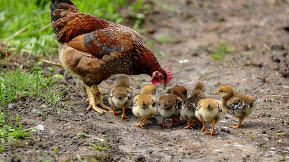 Mother hen proudly showing her chicks how to scratch and peck for food ...
