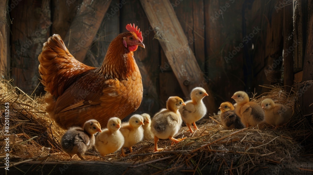 Mother hen tenderly watching over her fluffy chicks as they peck and ...