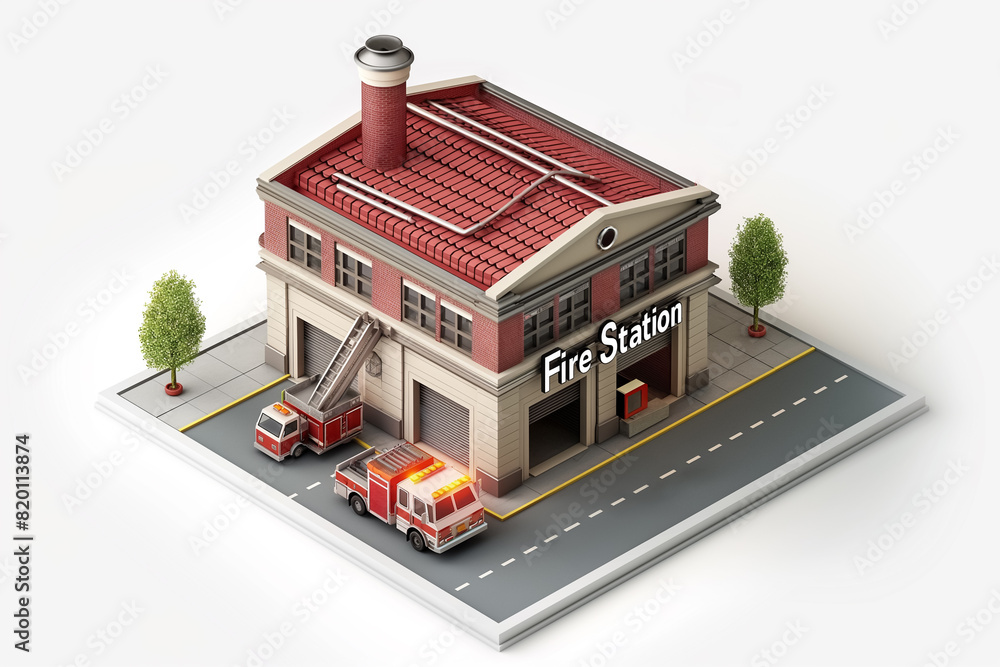 3D render modern fire station with fire trucks parked outside ...