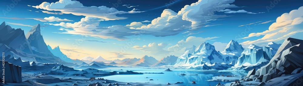 Arctic Ice Field with melting glaciers flat design front view climate ...