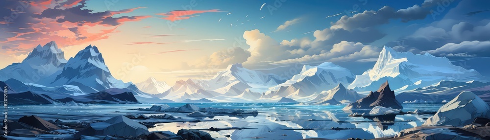 Arctic Ice Field with melting glaciers flat design front view climate ...