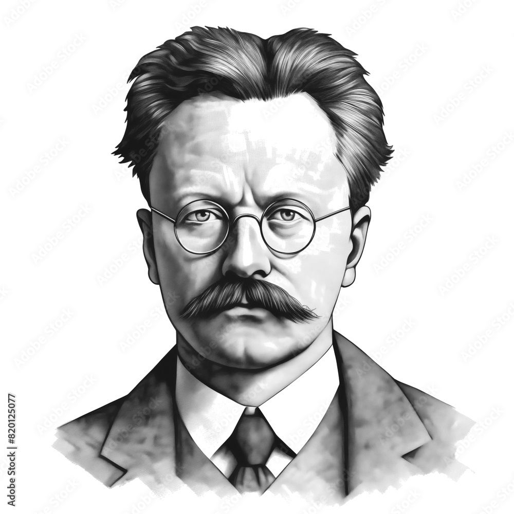 Black and white vintage engraving, close-up headshot portrait of Leon ...