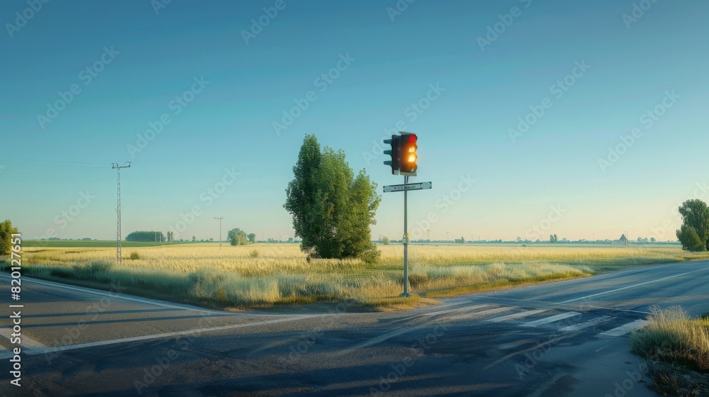 Traffic light at a rural intersection, surrounded by open fields and a ...