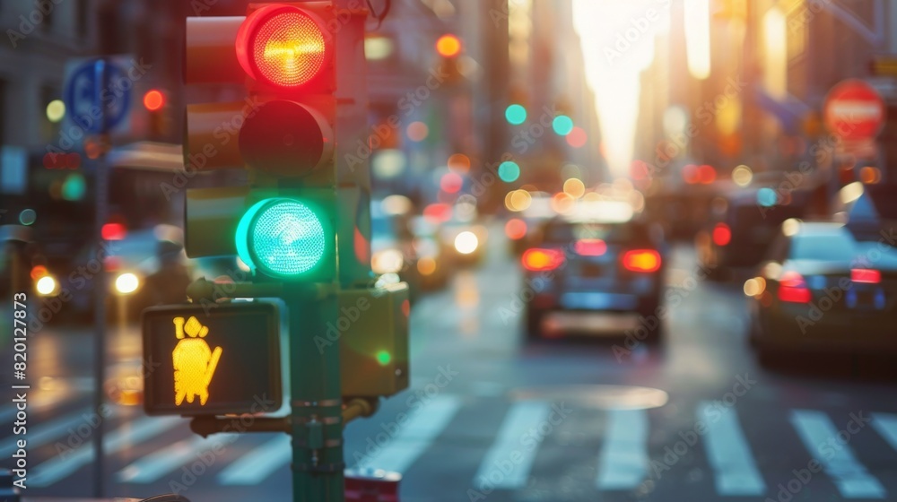Traffic light changing from red to green at a busy urban intersection ...