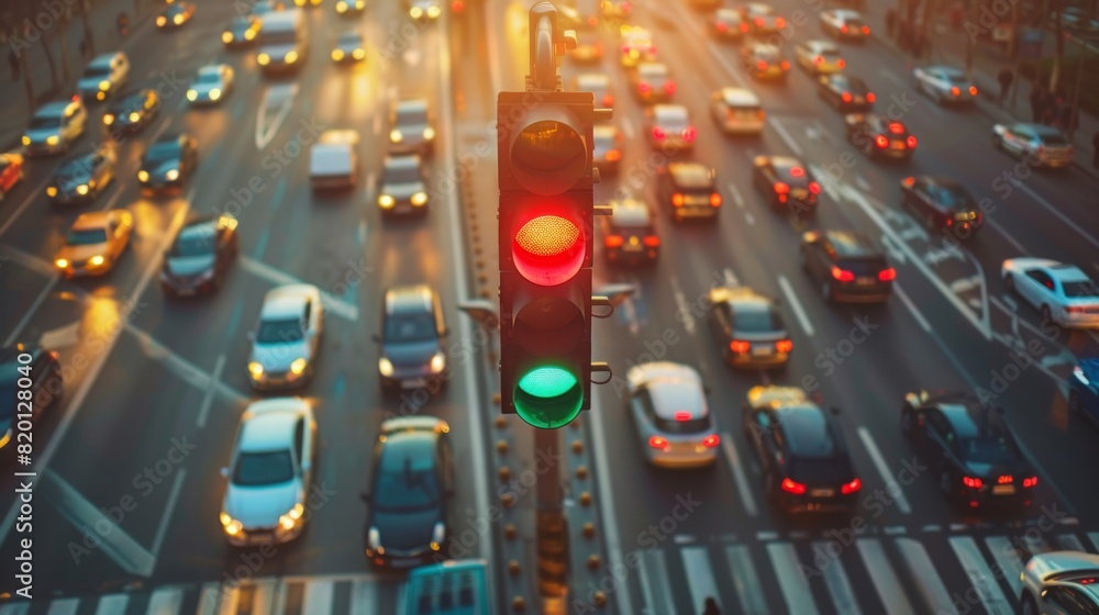 Traffic light changing from red to green at a busy urban intersection ...