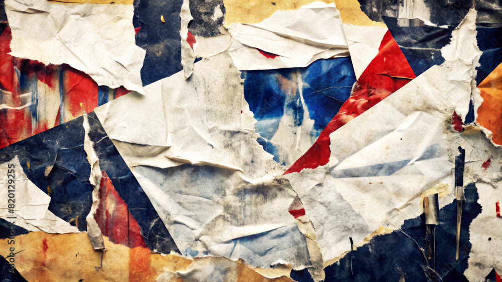 Layers of torn posters overlap, creating a collage of colours and ...