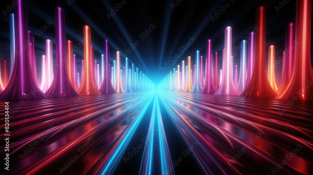 Abstract neon light pillars in futuristic corridor background Stock ...