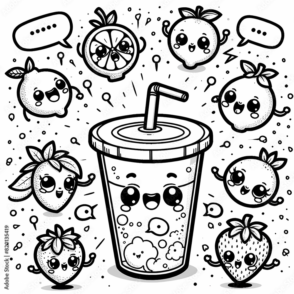 Cartoon Fruit Characters with Cup Coloring Page Stock Illustration ...