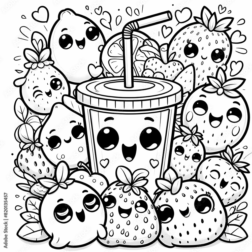 Cartoon Fruit Characters with Cup Coloring Page Stock Illustration ...