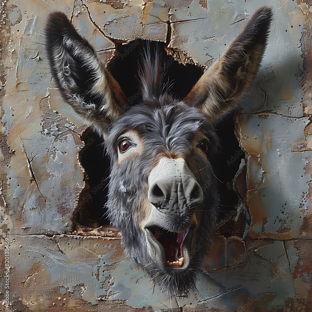 Donkey poking its head out of a hole, curious and alert. The donkeys ...