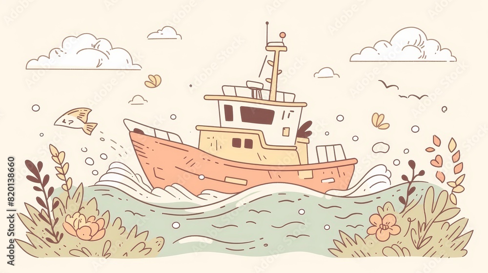 Little tugboat in cartoon style, vibrant and cheerful, simplified ...