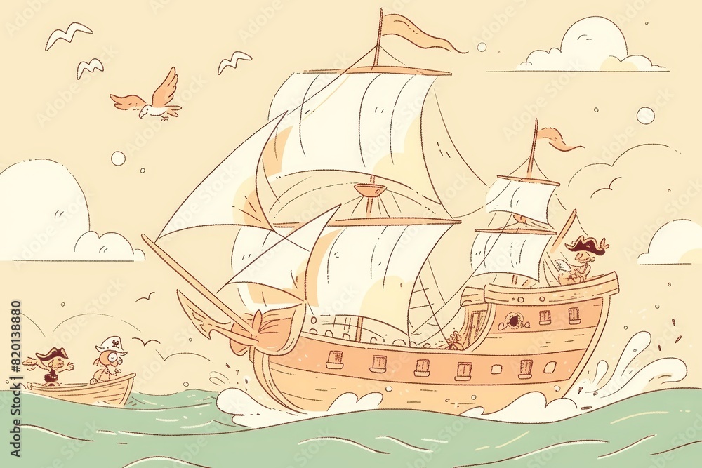 Vivid pirate ship, cartoon design, cheerful and simplified, stylized ...