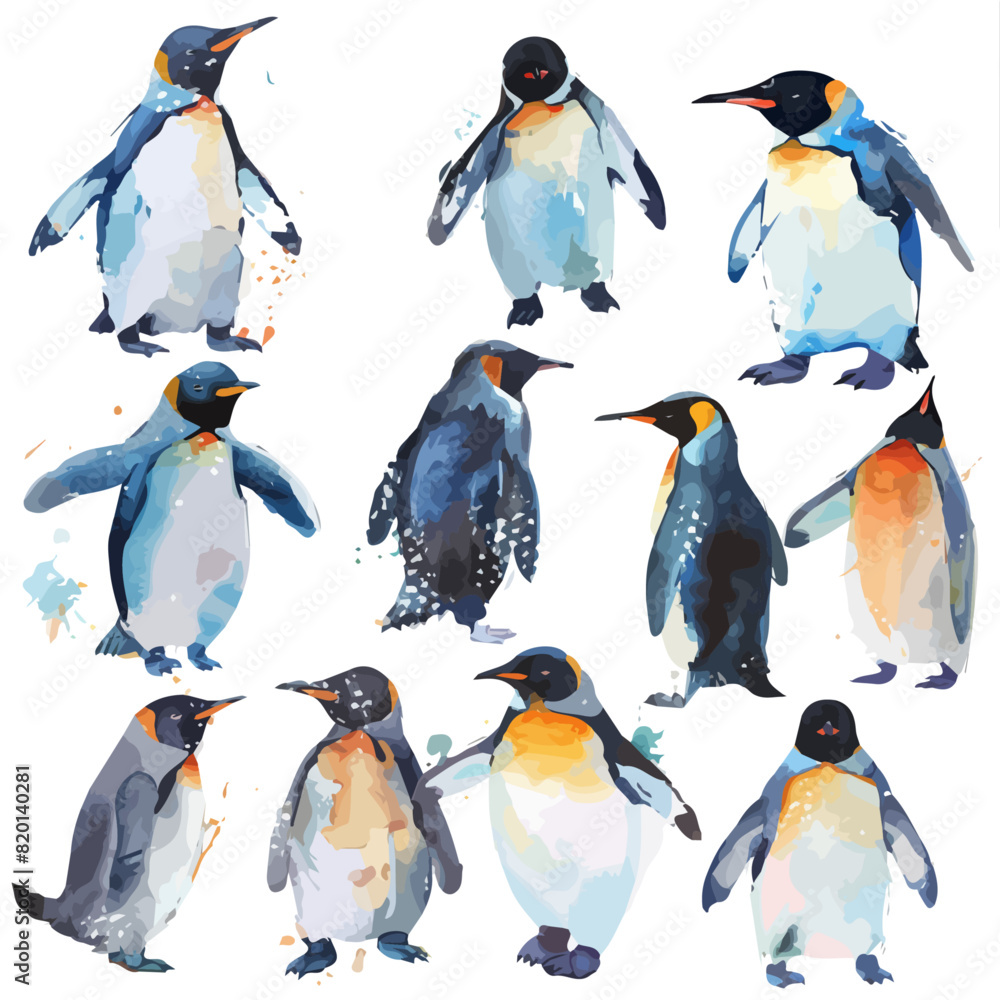 Watercolor clipart of a penguin collection, isolated on a white ...