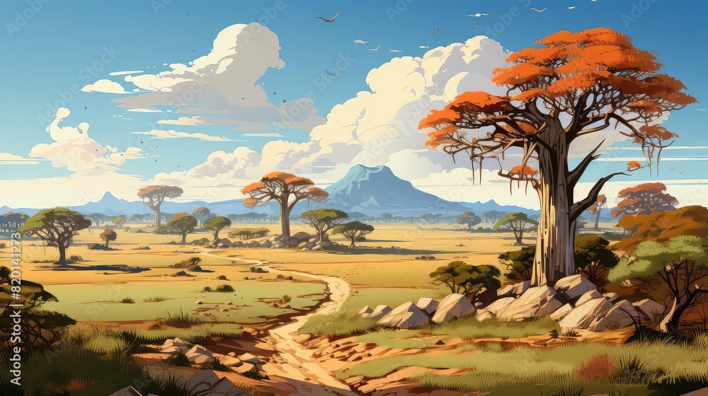 Savannah with baobab trees flat design top view ancient giants theme ...